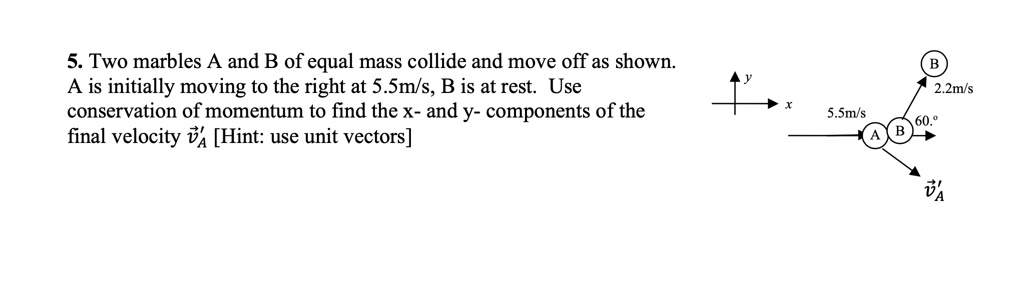 SOLVED: Two marbles A and B of equal mass collide and move off as shown ...
