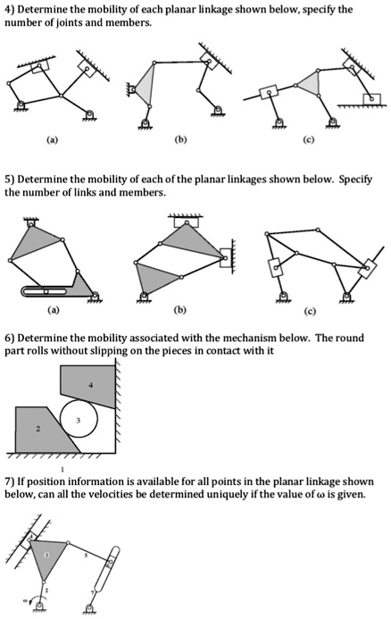 4) Determine the mobility of each planar linkage shown below, specify the number of joints and ...