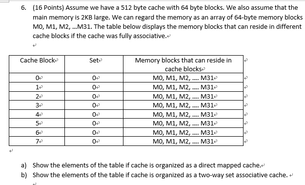 SOLVED: 6. (16 Points) Assume we have a 512-byte cache with 64-byte blocks. We also assume that ...