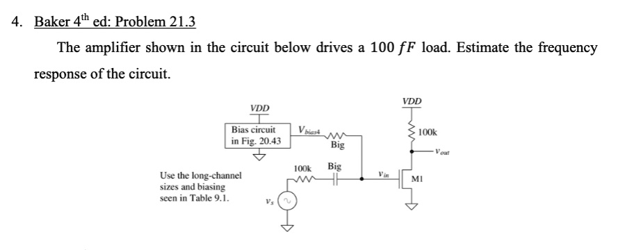 SOLVED: The amplifier shown in the circuit below drives a 100 fF load. Estimate the frequency ...