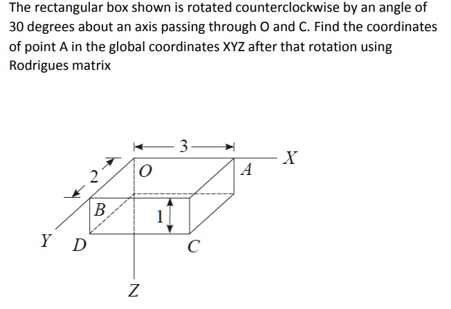 SOLVED: The rectangular box shown is rotated counterclockwise by an angle of 30 degrees about an ...