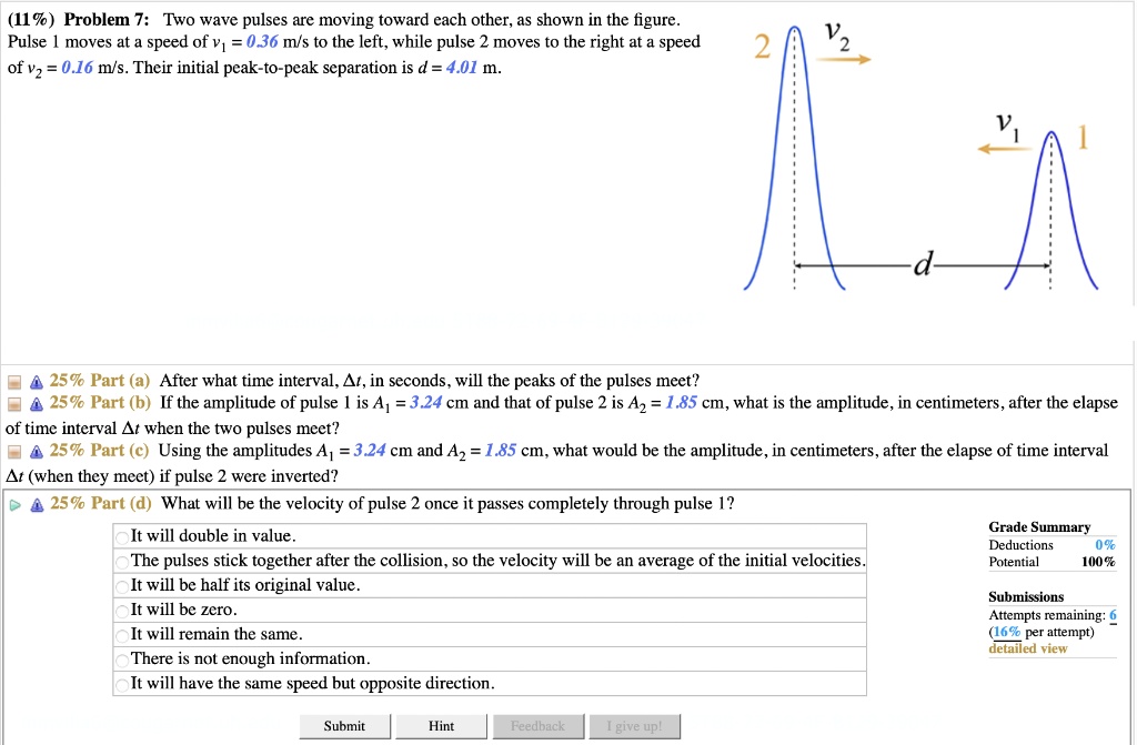SOLVED: (11%) Problem 7: Two wave pulses are moving toward each other, as shown in the figure ...