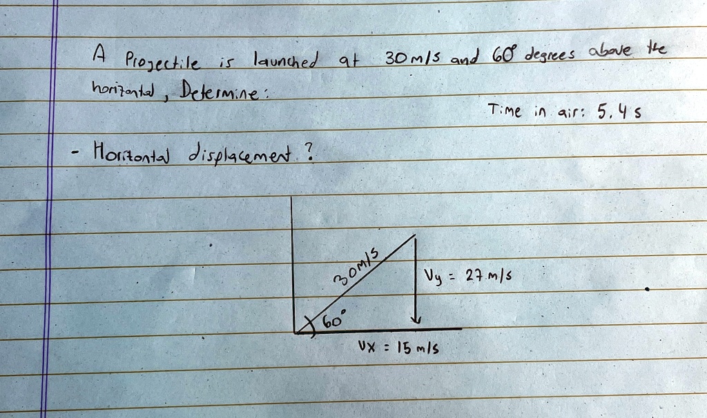 a projectile is launched at 30ms and 60 degrees above the horizontal ...