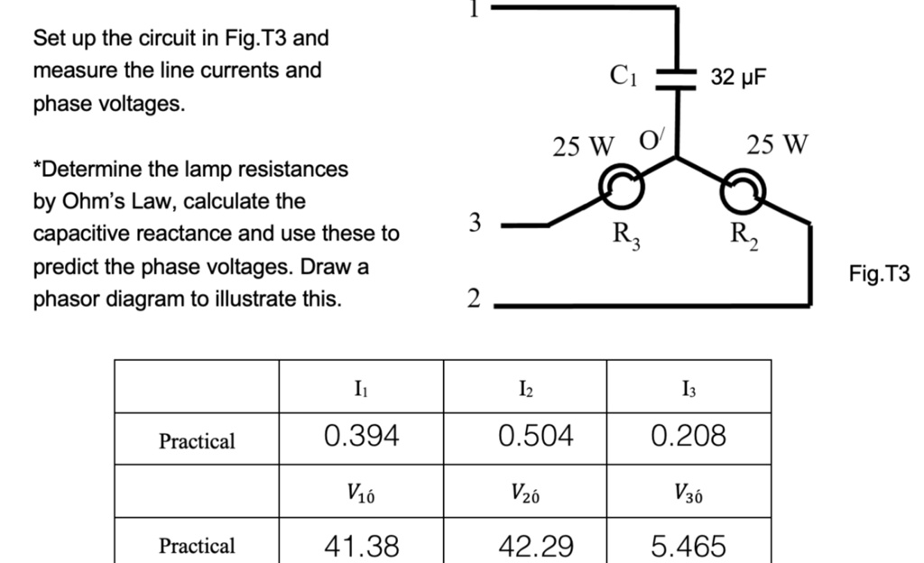 Set up the circuit in Fig.T3 and measure the line currents and phase ...