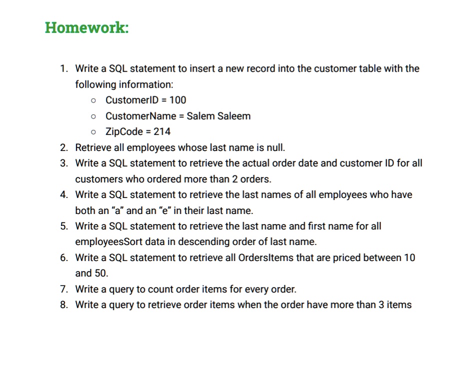 1 write a sql statement to insert a new record into the customer table with the following ...