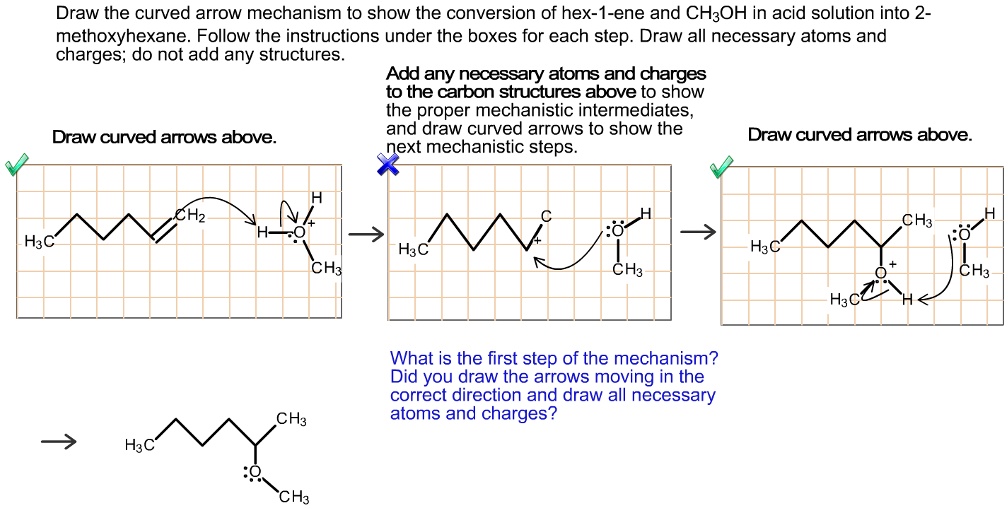 Draw the curved arrow mechanism to show the conversion of hex-1-ene and ...