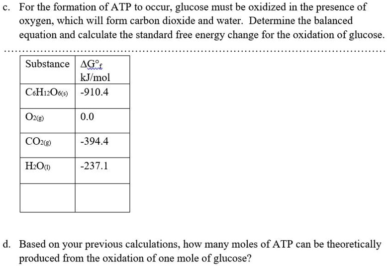 SOLVED: For the formation of ATP to occur, glucose must be oxidized in ...