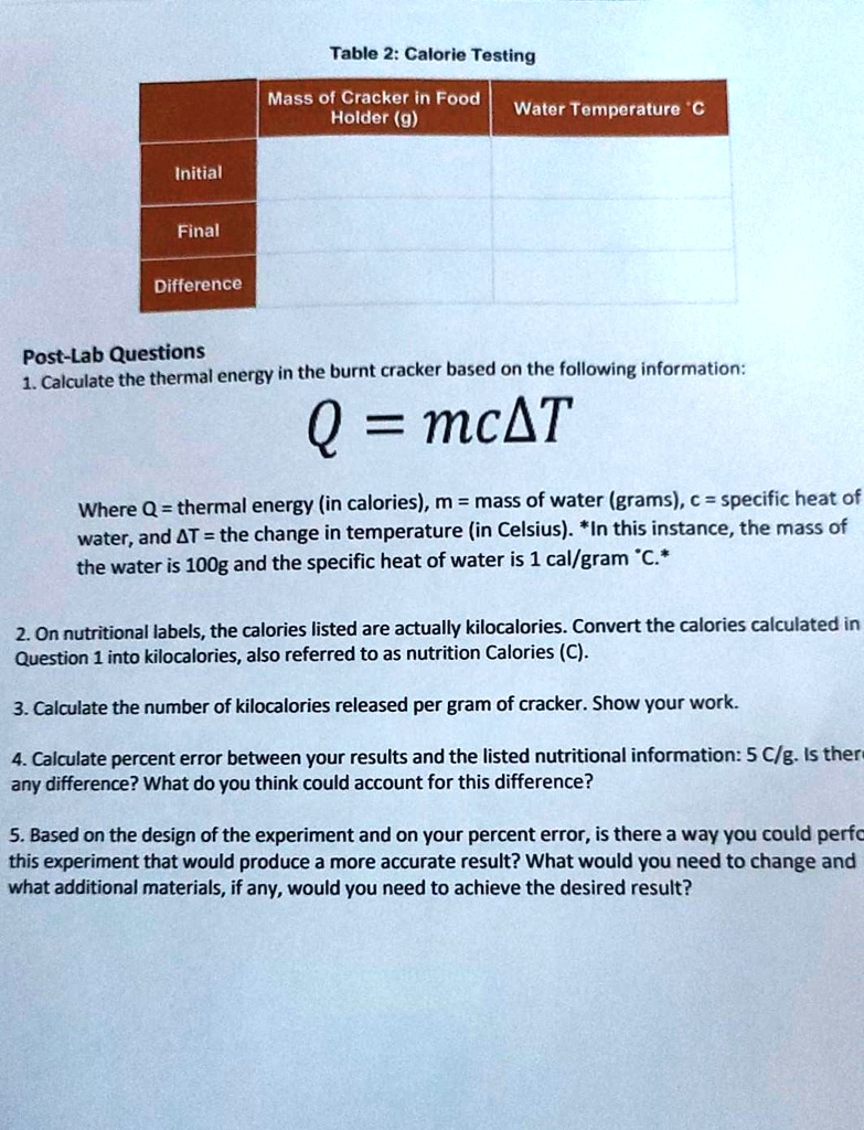 SOLVED: Table 2: Calorie Testing Mass of Cracker in Food Holder (g ...