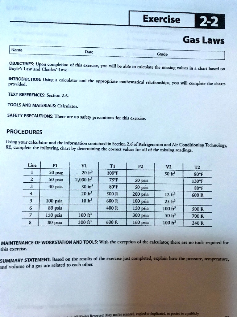 SOLVED: Exercise 2-2: Gas Laws Name: Date: Grade: Boyle's Law and ...