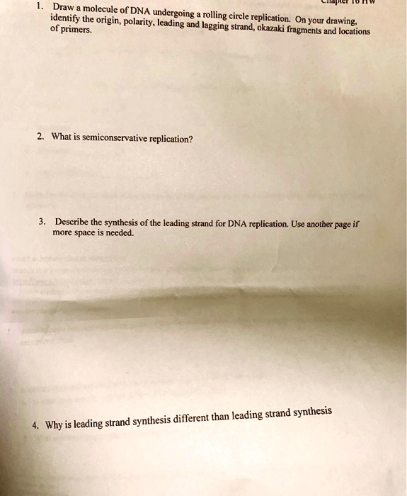 Draw a molecule of DNA and identify the origin of replication, leading ...