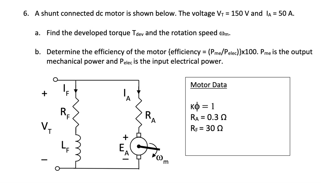 6. A shunt connected dc motor is shown below. The voltage VT = 150 V ...