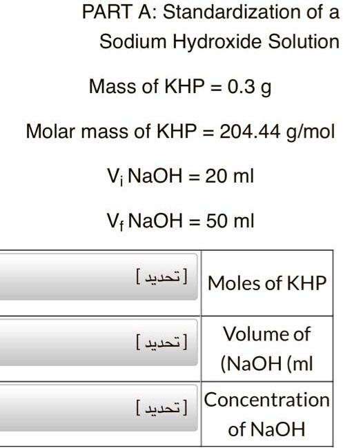 SOLVED:PART A: Standardization of a Sodium Hydroxide Solution Mass of KHP = 0.3 g Molar mass of ...