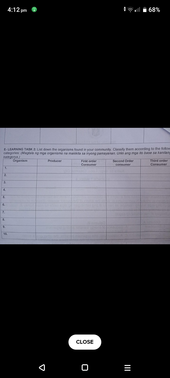 4:12 pm E- LEARNING TASK 2: List down the organisms found in your community. Classify them ...