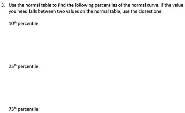 SOLVED: Use the normal table to find the following percentiles of the normal curve. If the value ...