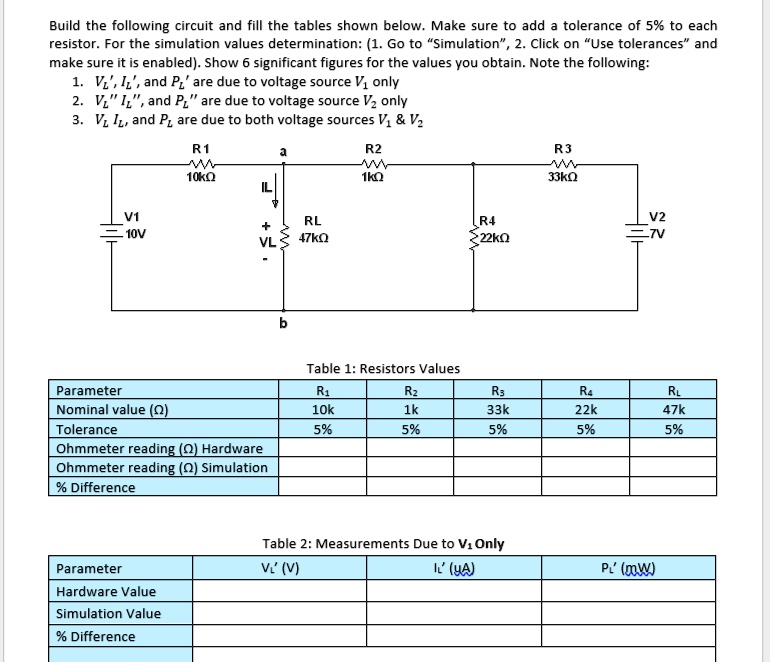 SOLVED: Build the following circuit and fill the tables shown below. Make sure to add a ...