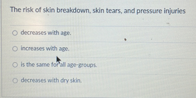 The risk of skin breakdown, skin tears, and pressure injuries decreases ...