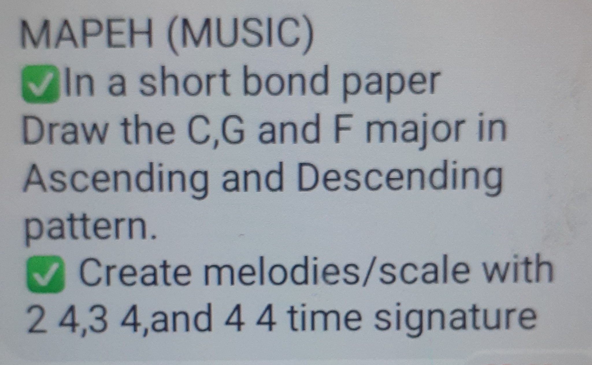 SOLVED: MAPEH (MUSIC) In a short bond paper Draw the C,G and F major in ...