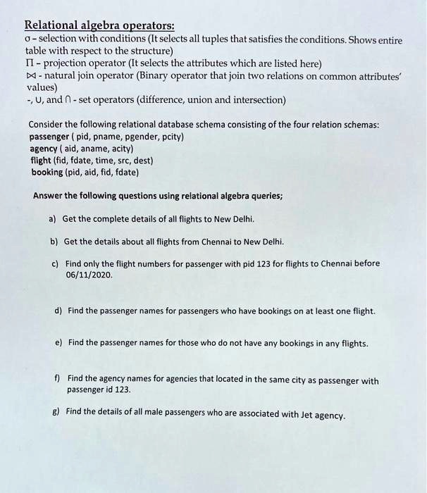 SOLVED: Relational algebra operators: o-selection with conditions (It ...