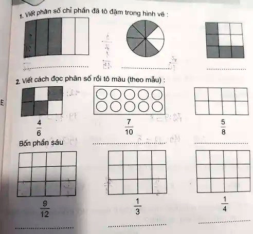 1. Vi?t phân s? ch? ph?n ?ã tô ??m trong hình v? : 2. Vi?t cách ??c phân s? r?i tô màu (theo m?u ...