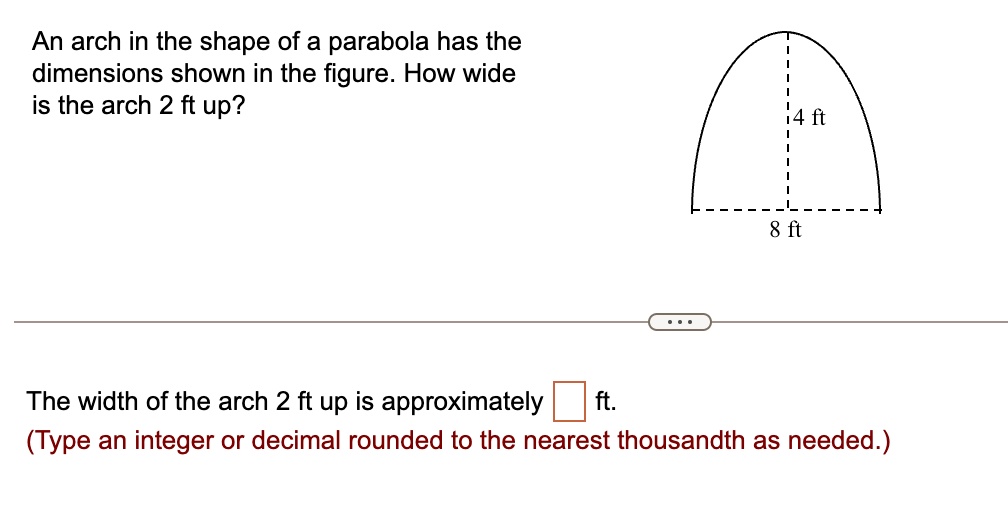 SOLVED: An arch in the shape of a parabola has the dimensions shown in ...
