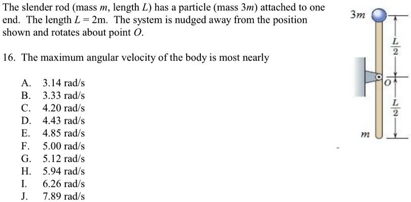 The slender rod (mass m, length L) has a particle (mass 3m) attached to one end. The length L ...