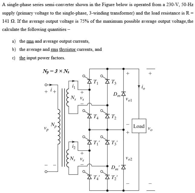 A single-phase series semi-converter shown in the Figure below is operated from a 230-V, 50-Hz ...