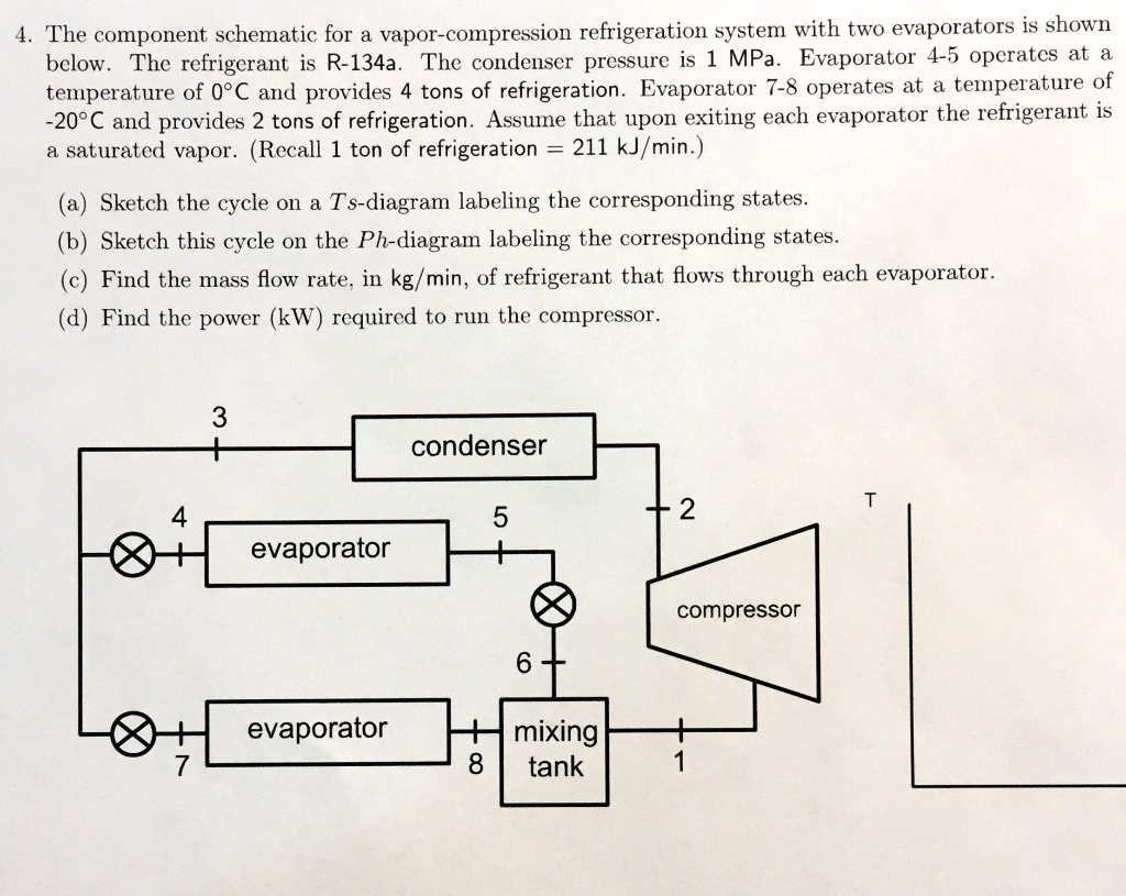 SOLVED: 4. The component schematic for a vapor-compression refrigeration system with two ...