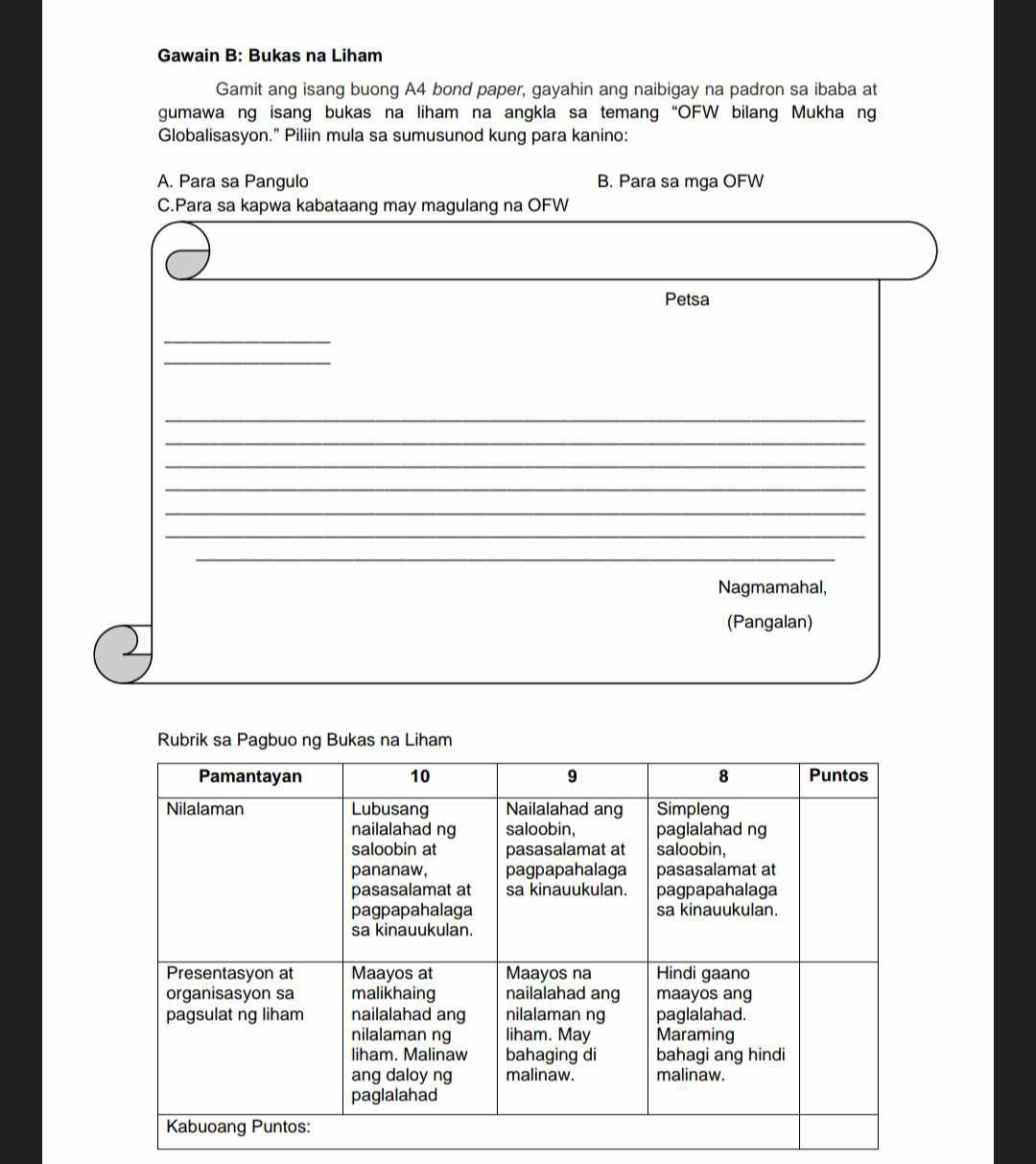 gawain b bukas na liham gamit ang isang buong a4 bond paper gayahin ang naibigay na padron sa ...