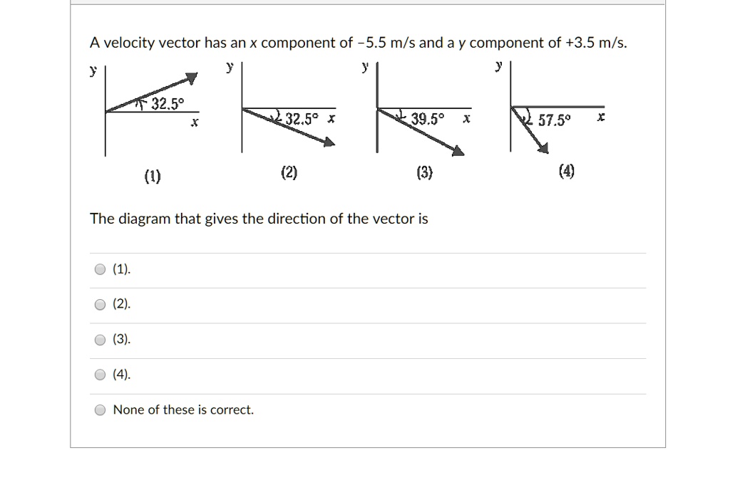 A velocity vector has an x component of -5.5 m/s and a y component of ...