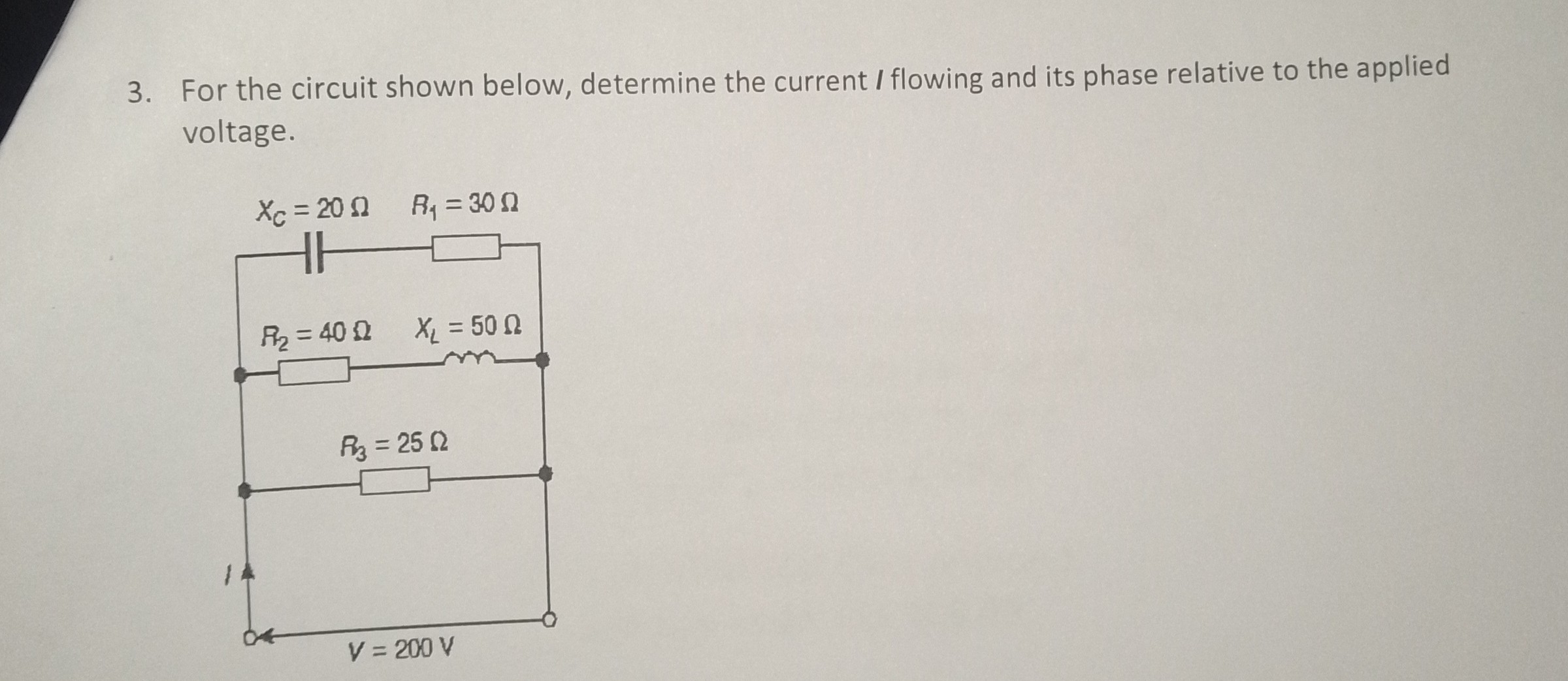 3. For the circuit shown below, determine the current I flowing and its phase relative to the ...