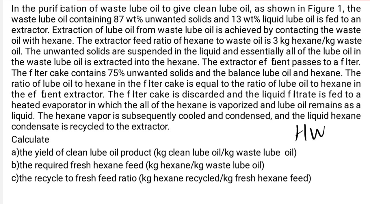 SOLVED: In the purif ication of waste lube oil to give clean lube oil ...