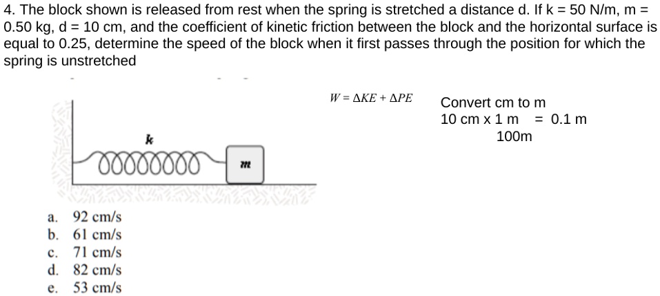 SOLVED: 4. The block shown is released from rest when the spring is stretched a distance d. Ifk ...