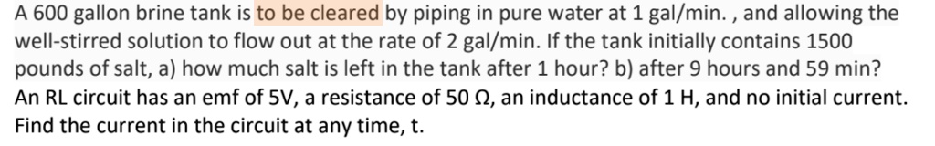 Differential equations a 600 gallon brine tank is to be...