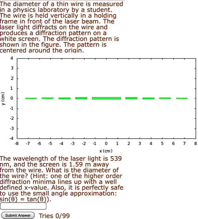 The diameter of a thin wire is measured in a physics laboratory by a student. The wire is held ...