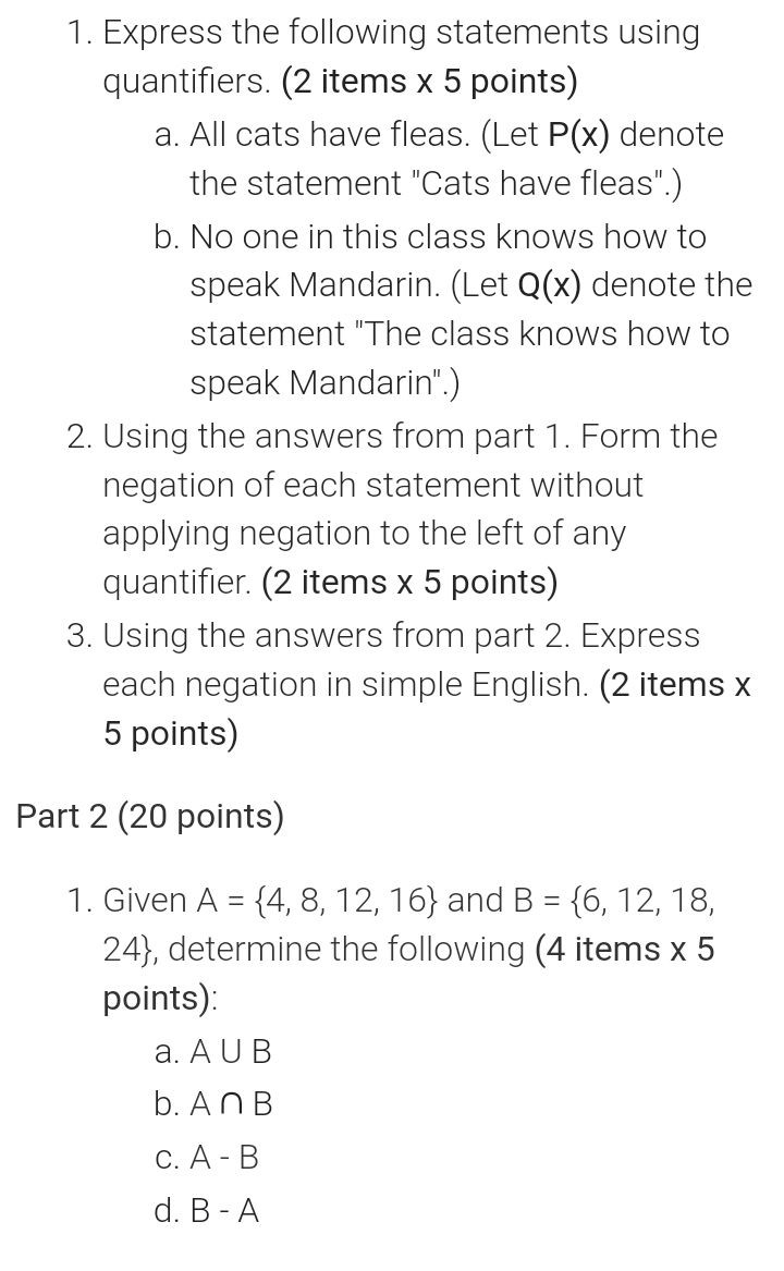 1 Express The Following Statements Using Quantifiers 2 Items X 5 Points A All Cats Have