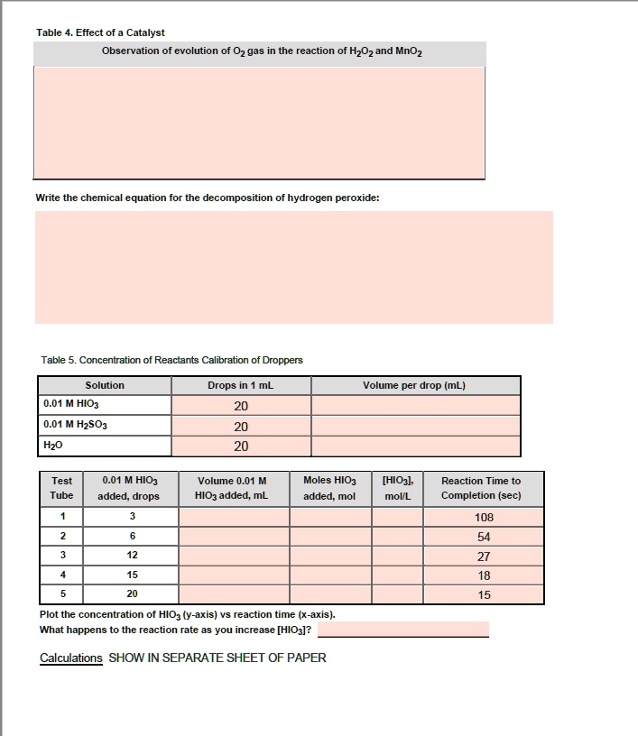 Table 4. Effect of a Catalyst Observation of evolution of O2 gas in the ...