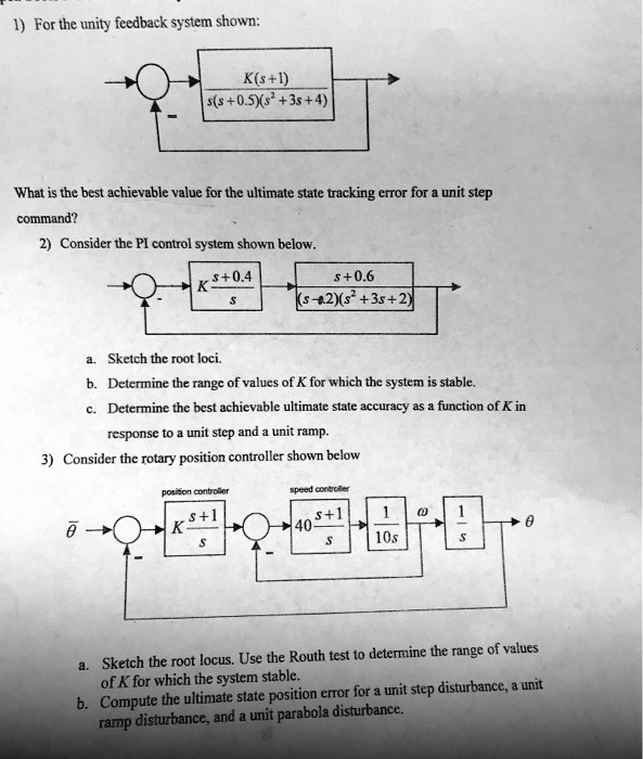 1) For the unity feedback system shown: (K(s+1))/(s(s+0.5)(s^2+3s+4 ...