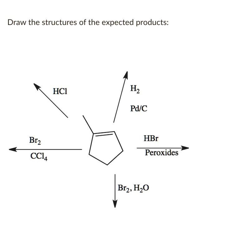 SOLVED:Draw the structures of the expected products: HCI Hz Pdc HBr Peroxides Brz CCl4 Brz, Hzo