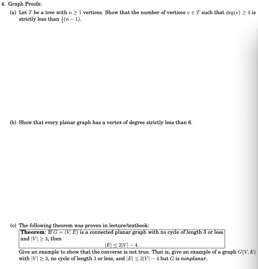 SOLVED: 4. Graph Proofs: (a) Let T be tree with n > 1 vertices Show that the number of vertices ...