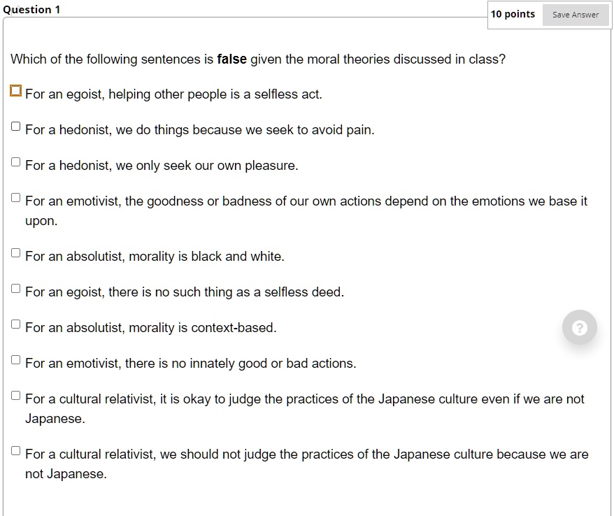 Question 1 10 points Save Answer Which of the following sentences is ...