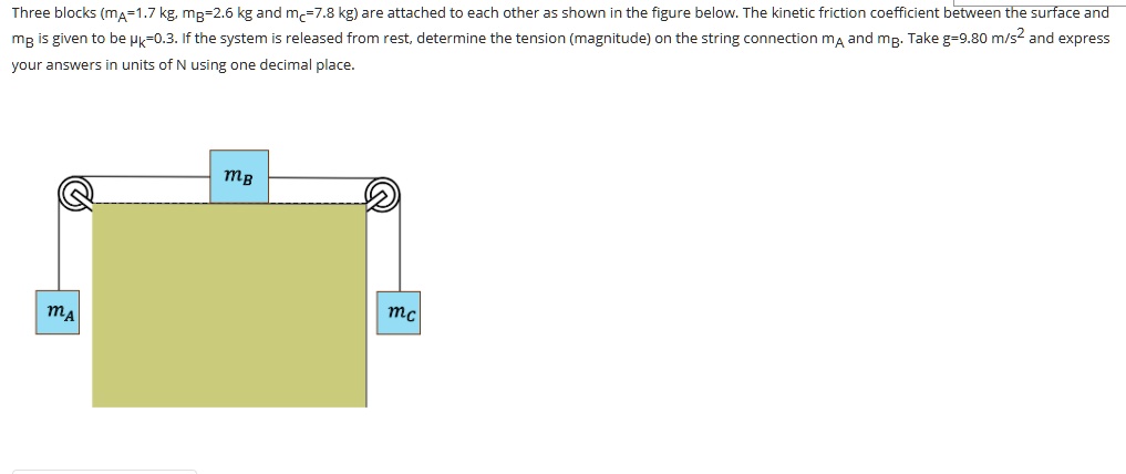 SOLVED: Three blocks (mA=1.7 kg MB-2.6 kg and mc-7.8 kg) are attached to each other as shown in ...
