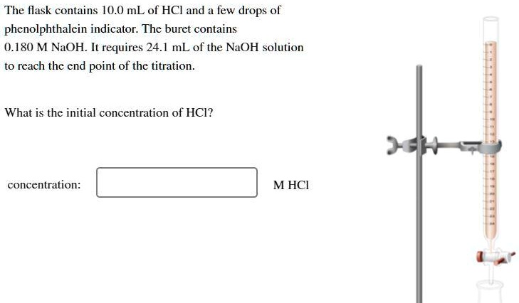 SOLVED: The flask contains 10.0 mL of HCl and a few drops of phenolphthalein indicator. The ...