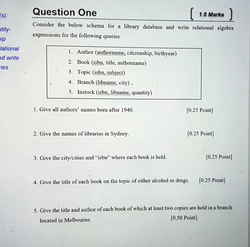 SOLVED: Consider the below schema for a library database and write ...