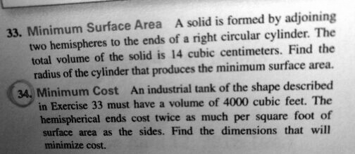 a solid is formed by adjoining 33 minimum surface area the ends of right circular cylinder the ...