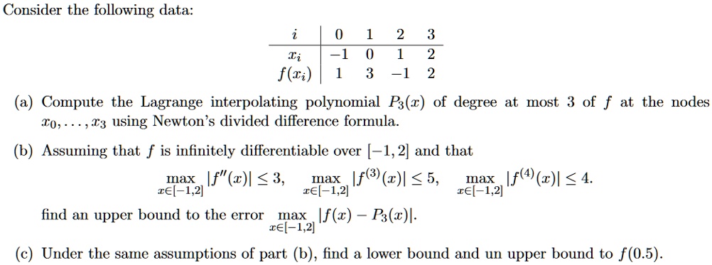 SOLVED:Consider the following data: Ti f(i) -1 a) Compute the Lagrange interpolating polynomial ...
