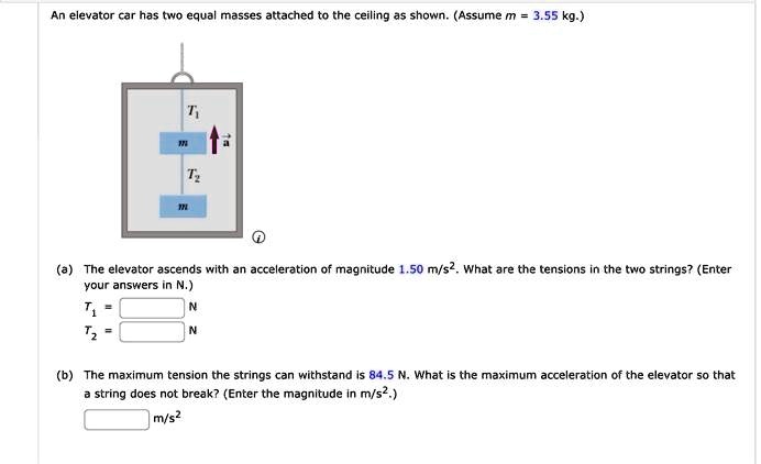 SOLVED: Texts: An elevator car has two equal masses attached to the ceiling as shown. Assume m ...