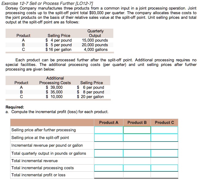 SOLVED: Exercise 12-7 Sell or Process Further [LO12-7] Dorsey Company ...