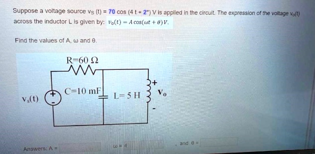 Suppose a voltage source vs(t) = 70 cos(4t + 2^∘) V is applied in the circuit. The expression of ...