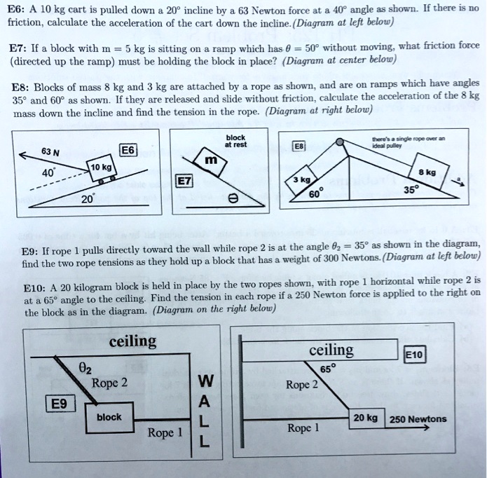e6 a 10 kg cart is pulled down 20 incline by 63 newton force at 408 ...