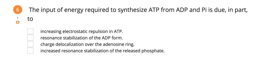 SOLVED: The input of energy required to synthesize ATP from ADP and Pi ...
